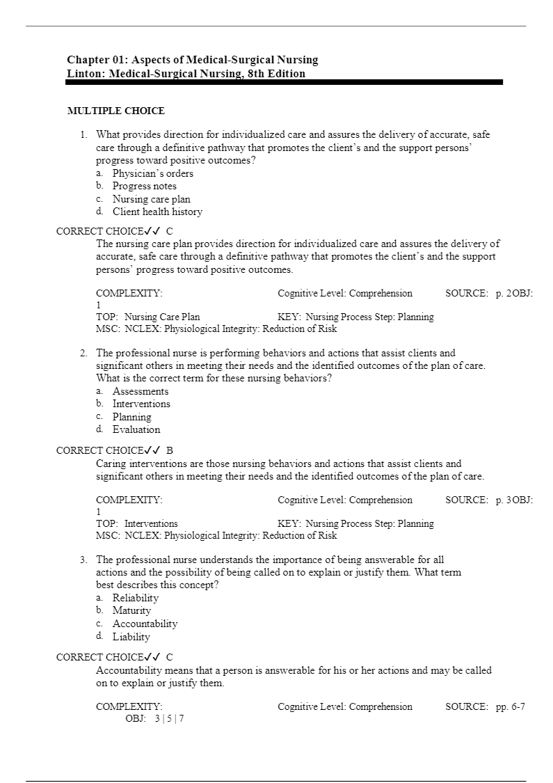 Test Bank for Medical-Surgical Nursing 8th Edition Linton and Matteson ...