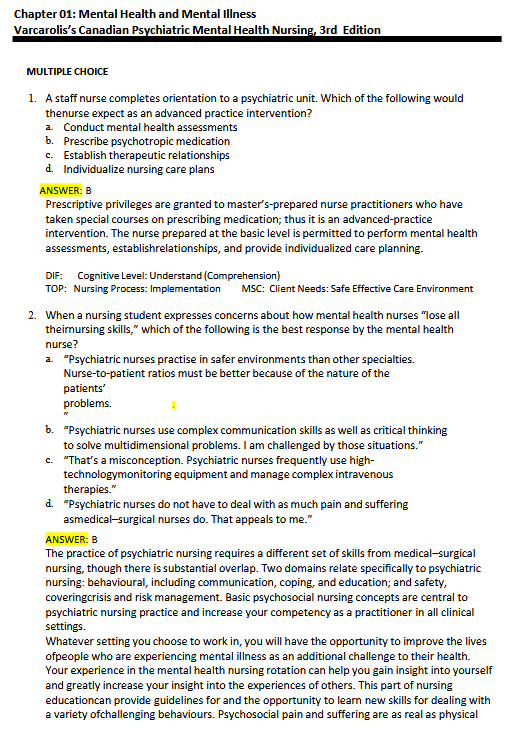 TEST BANK for Varcarolis’s Canadian Psychiatric Mental Health Nursing ...